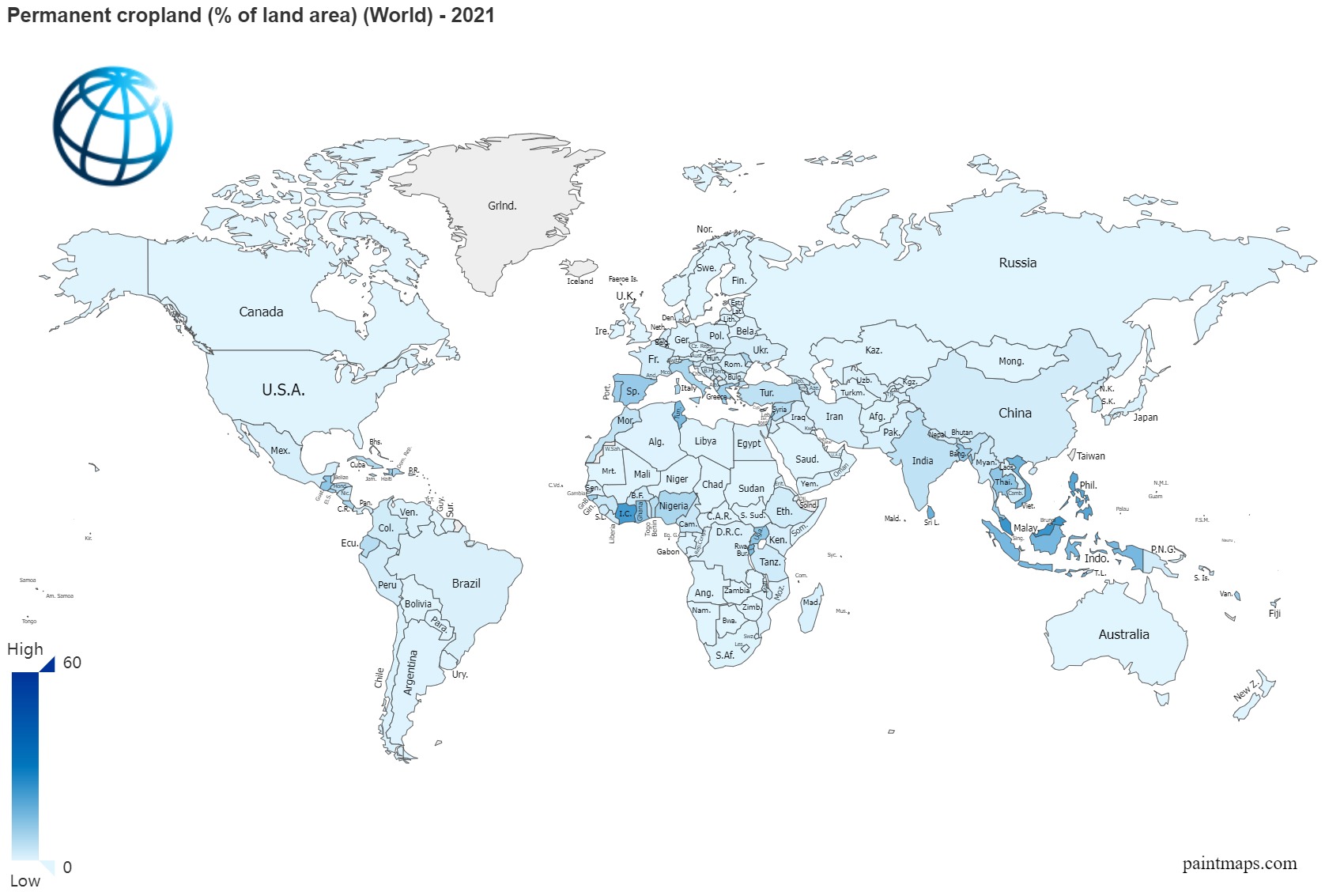 Permanent Cropland Percentage Of Land Area On World Map