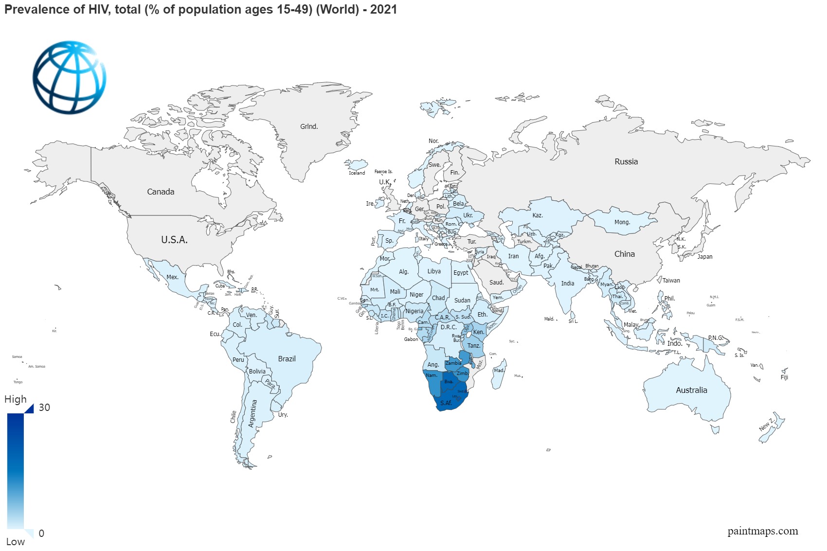 Prevalence Of Hiv Total Percentage Of Population Ages 15 49 On World Map