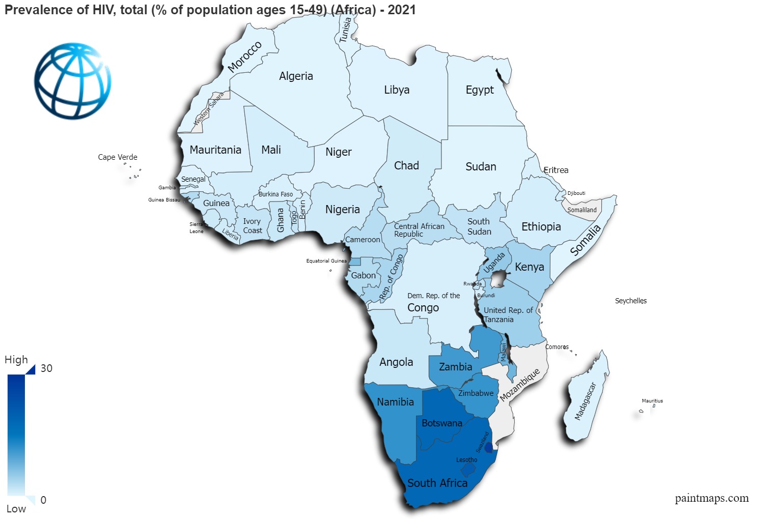 Prevalence Of Hiv Total Percentage Of Population Ages 15 49 On Africa Map